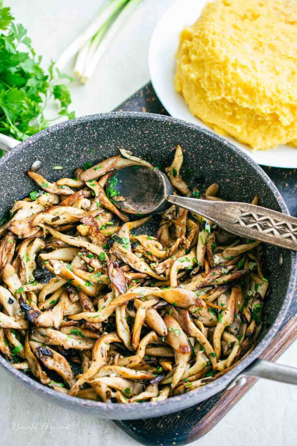 Ciuperci pleurotus la tigaie cu usturoi și ceapă verde | Bucate Aromate